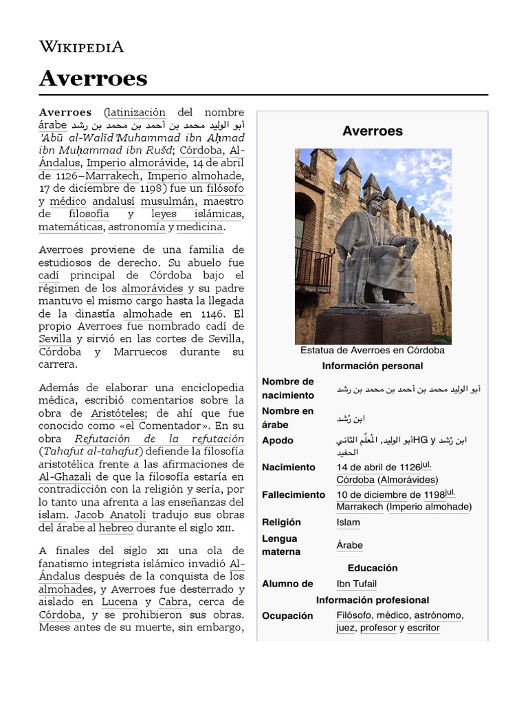 Averroes - Wikipedia, La Enciclopedia Libre | PDF | Metafísica
