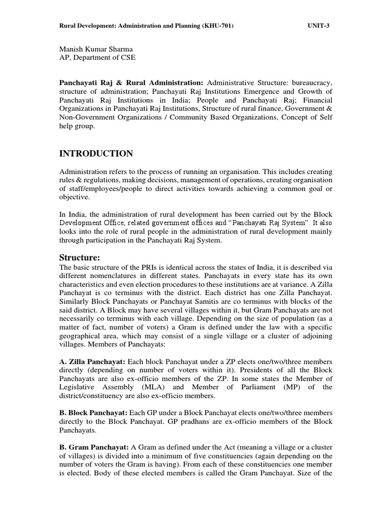 3 - Unit 3 - Panchayati Raj & Rural Administration - BY MANISH KUMAR SHARMA | PDF | Government