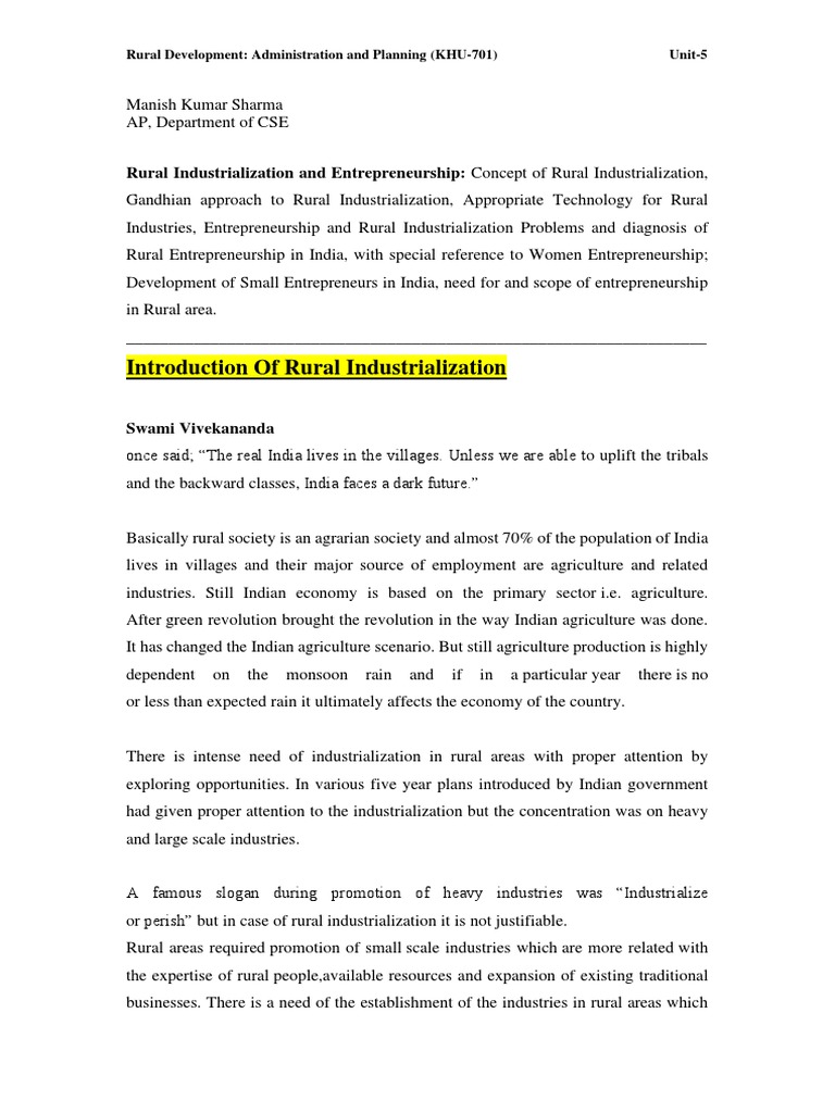 5 - UNIT 5 - Rural Industrialization and Entrepreneurship - BY MANISH KUMAR SHARMA | PDF ...
