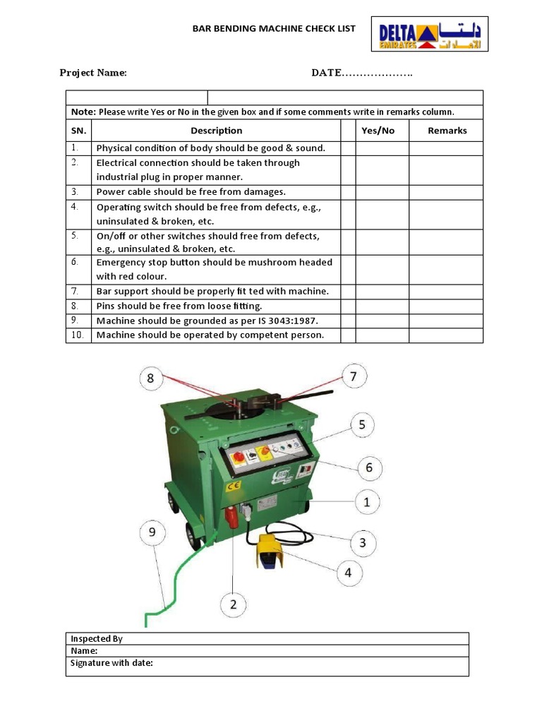 Checklist For Equipment Inspection Bar Bending Machine | PDF