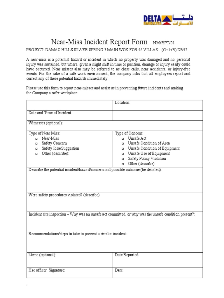 Template For Near Miss Report Form | PDF