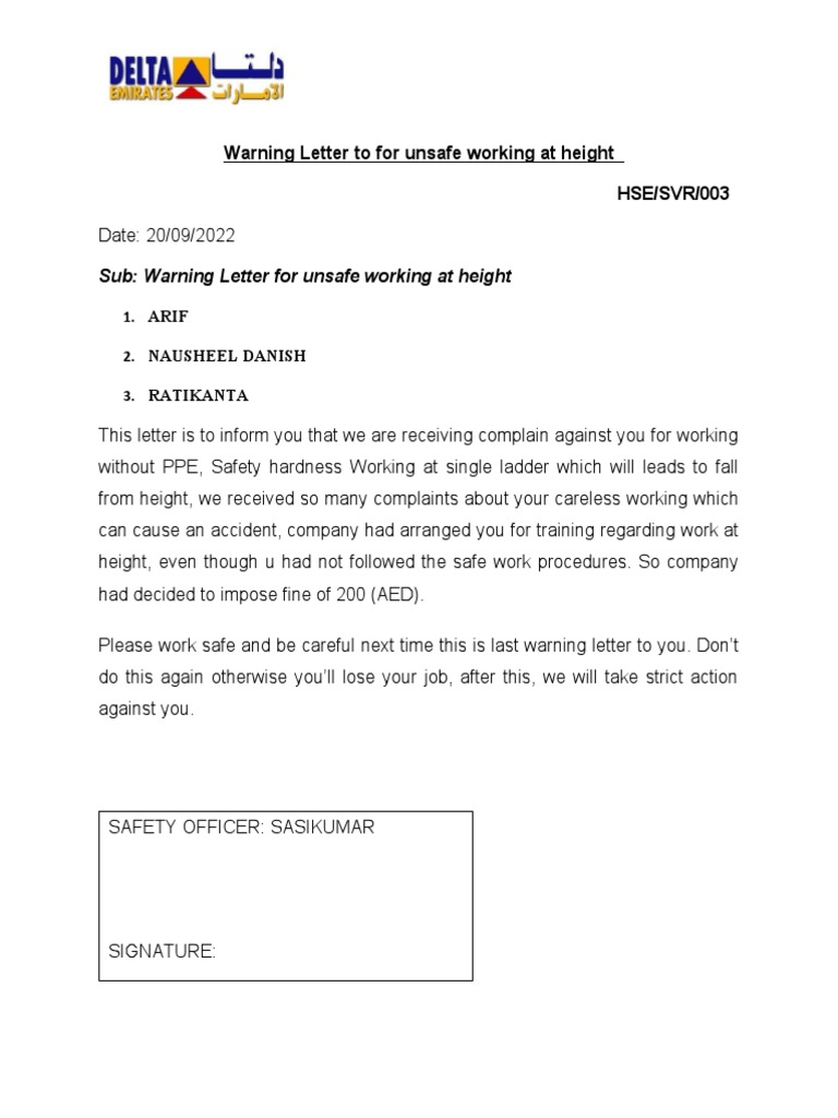 Warning Letter for Unsafe Work at Height | PDF