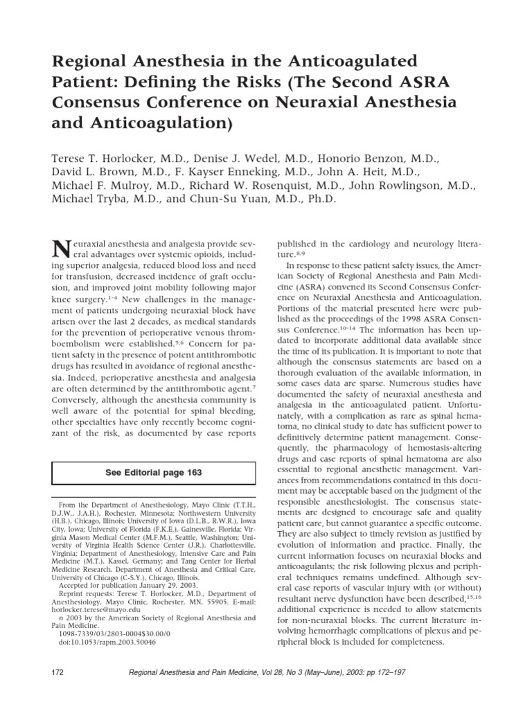 ASRA Guidelines | Anesthesia | Thrombosis