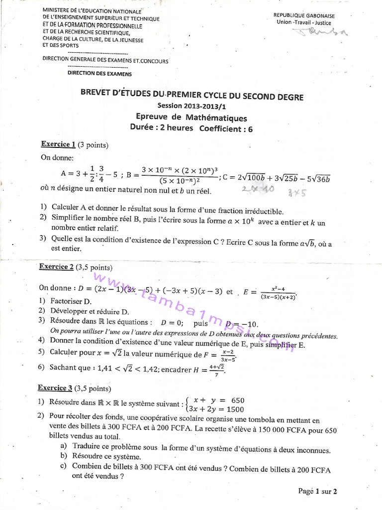 Bepc Gabon Maths 2013 | PDF