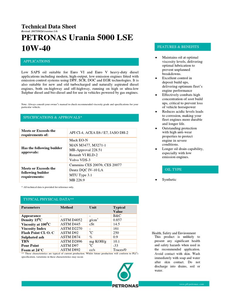 PETRONAS Urania 5000 LSE 10W-40 - 2173 - TDS | PDF