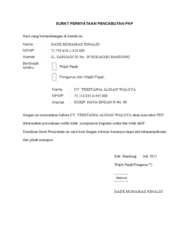 SURAT PERNYATAAN Pencabutan PKP | PDF