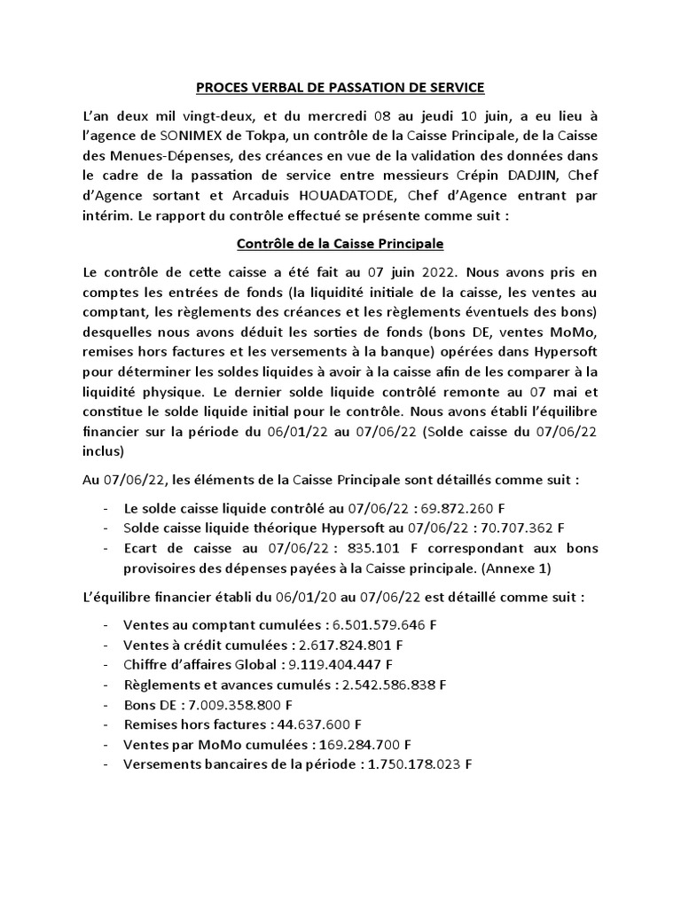 Procès-verbal de passation de service | PDF | Banques | Économie
