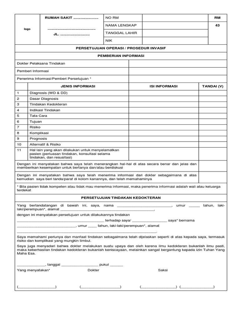 Formulir Persetujuan Tindakan Kedokteran Operasi | PDF