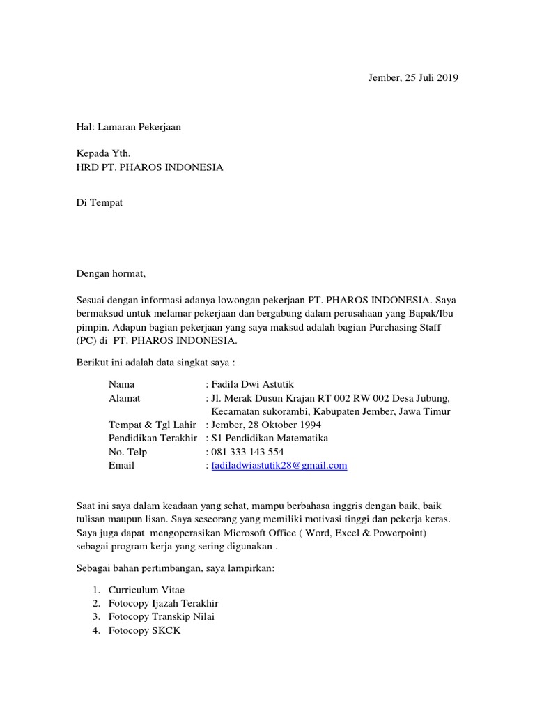 SURAT LAMARAN PT. PHAROS INDONESIA Fixs | PDF