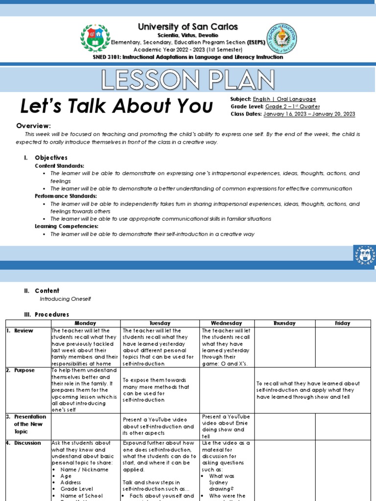 Grade 2 Self-Introduction Lesson Plan | PDF | Learning | Teachers