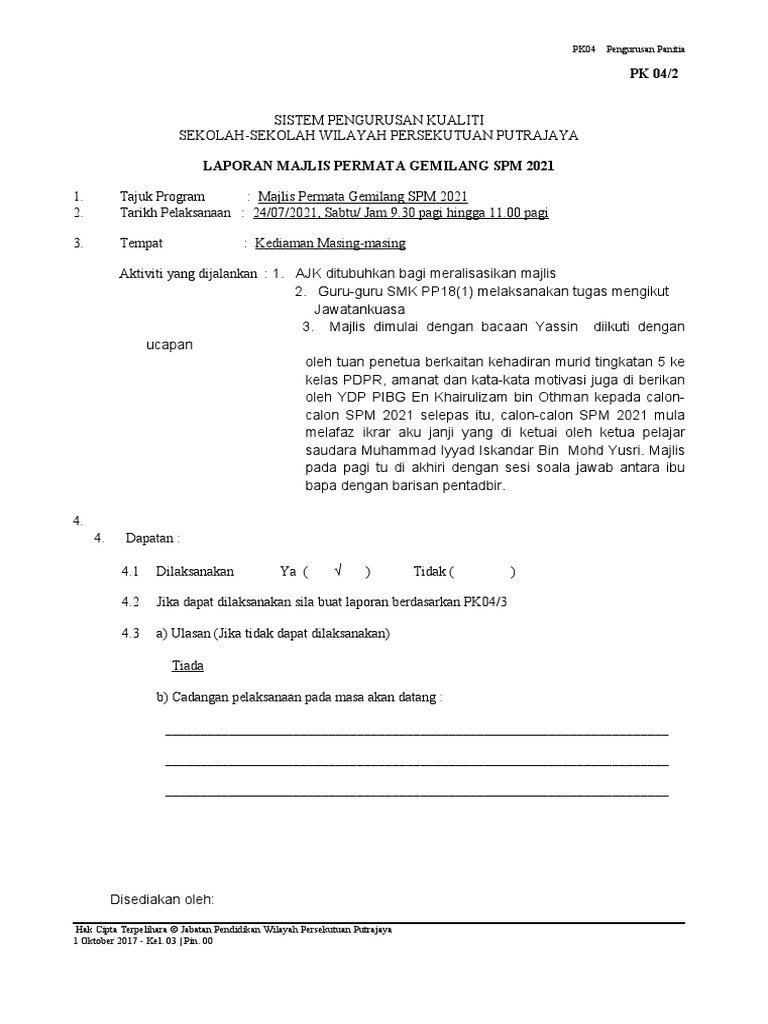 Status Laporan Majlis Permata Gemilang SPM 2021 | PDF