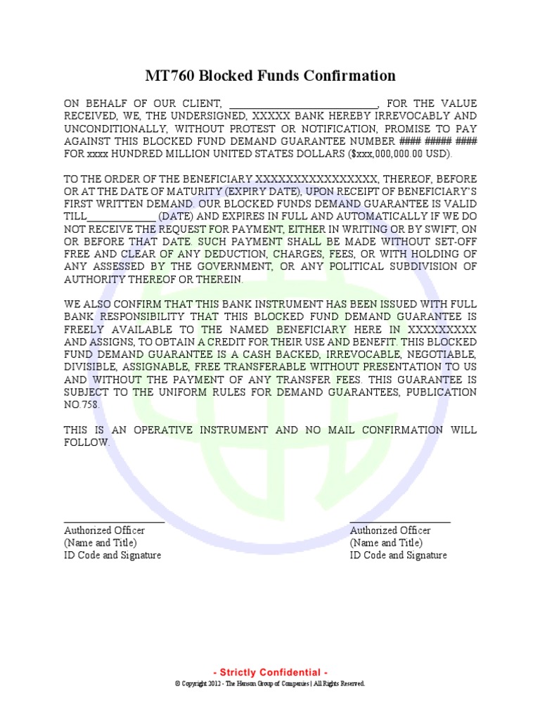 MT760 Blocked Funds Confirmation Draft Wording | PDF MT760 Blocked Funds Confirmation Draft Wording | PDF
