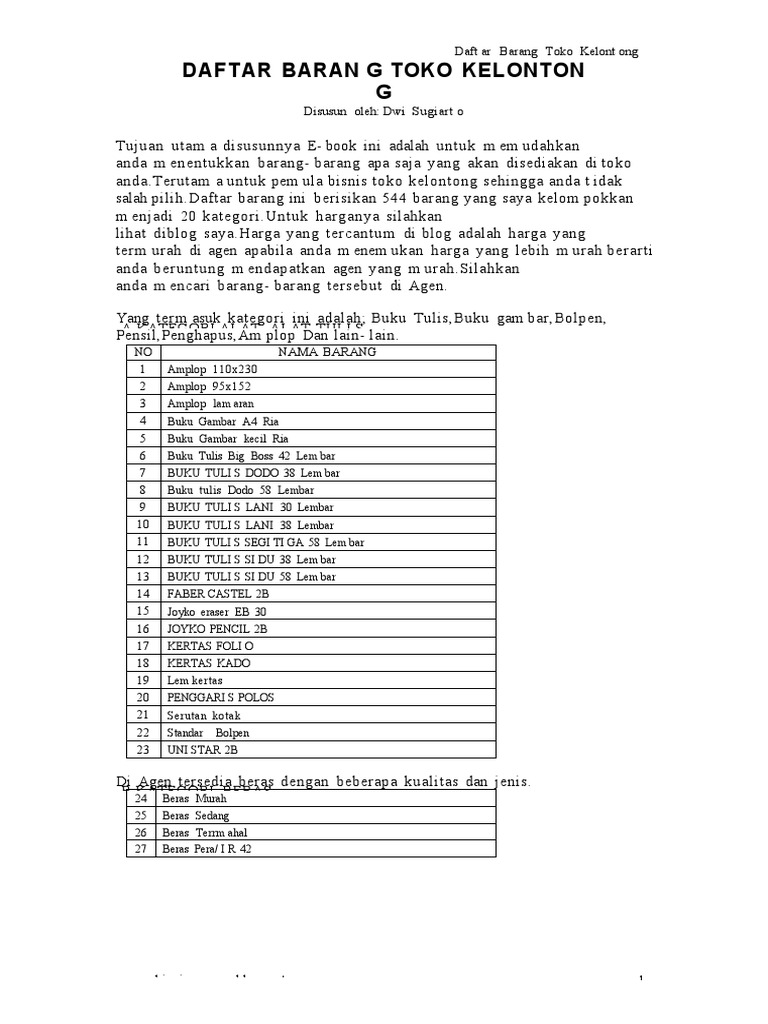 Daftar Barang Toko Kelontong | PDF