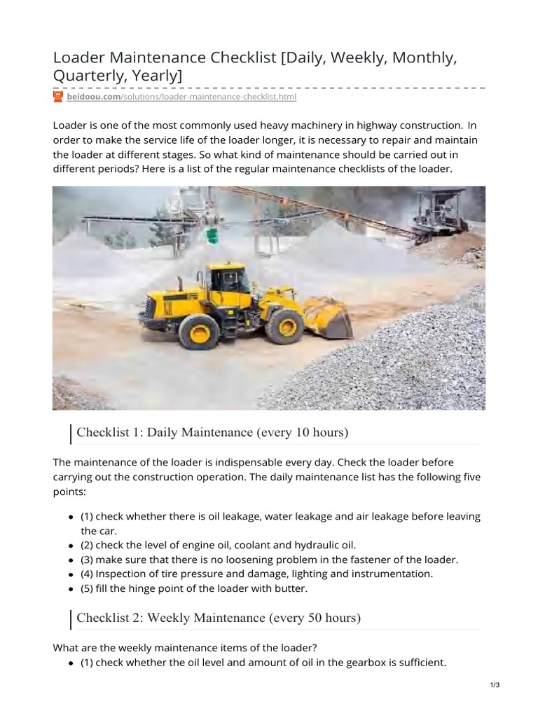 Loader Maintenance Checklist | PDF | Diesel Engine | Brake