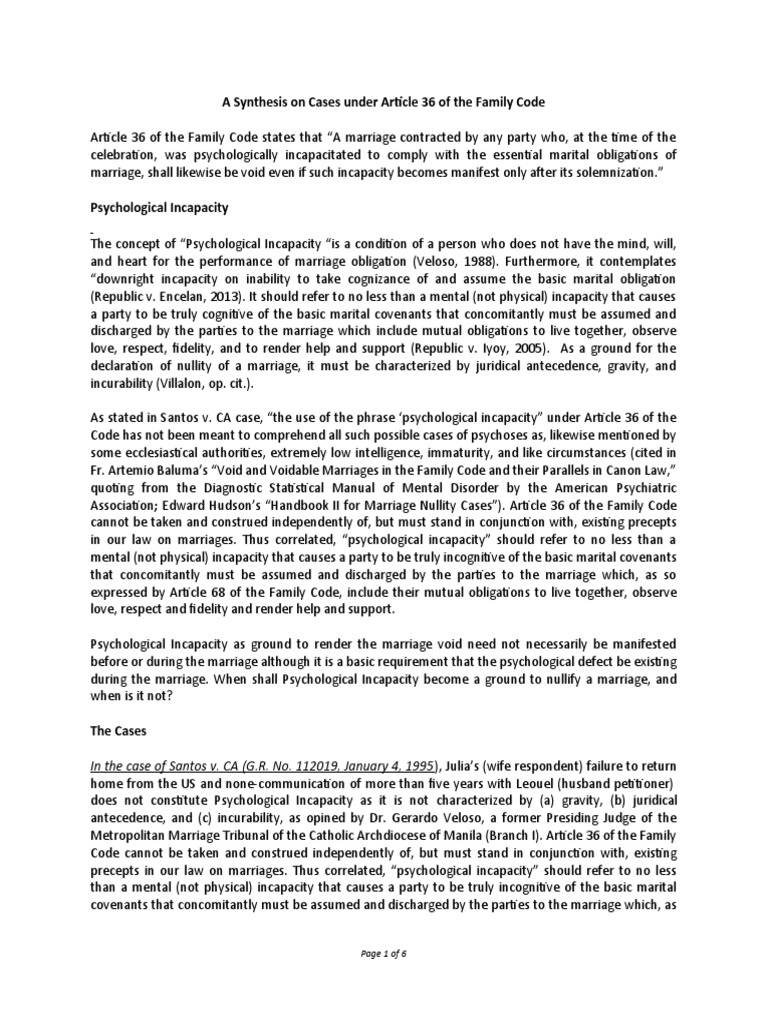 Psychological Incapacity Case Synthesis | PDF | Marriage | Annulment