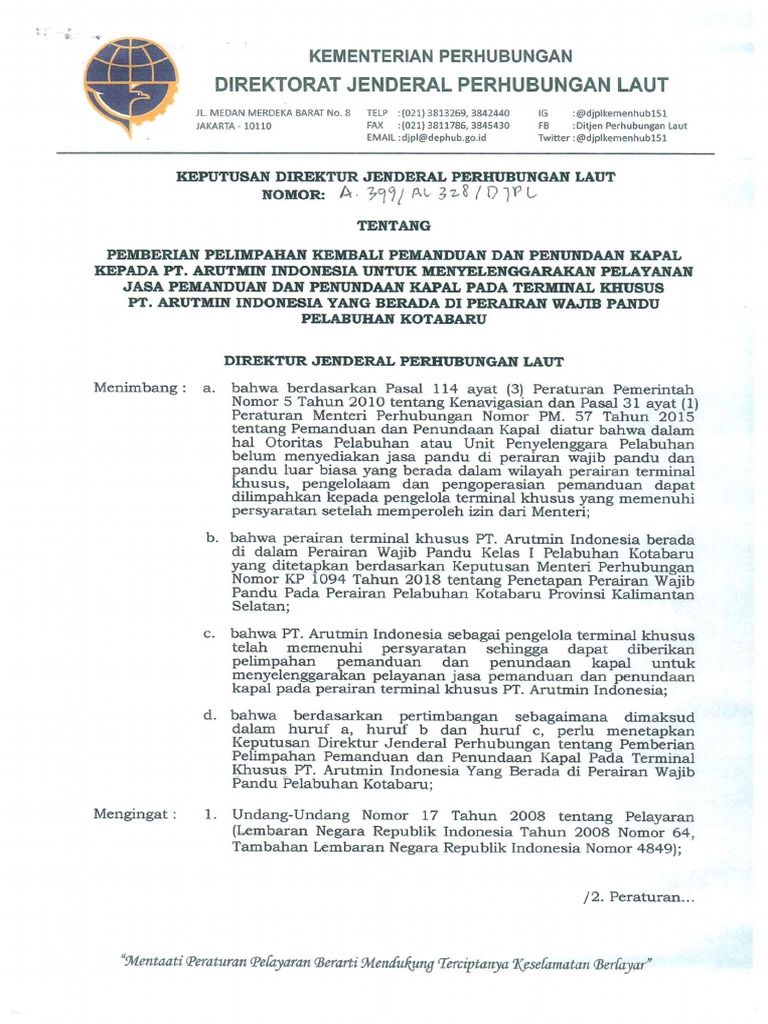 Pemberian Pelimpahan Pemanduan Dan Penundaan Kapal PT Arutmin | PDF