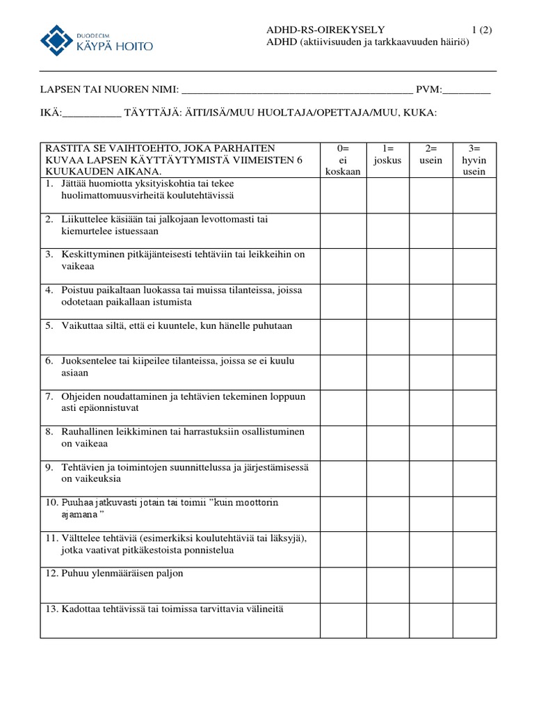 Adhd Rs Oirekysely | PDF