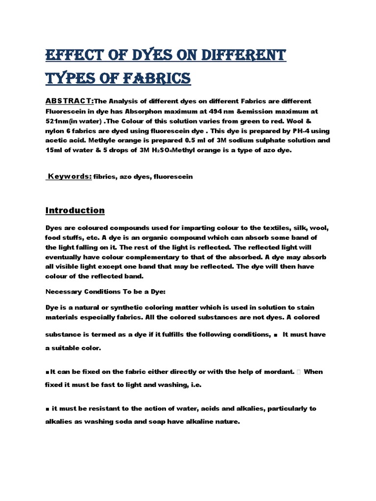Effect of Dyes On Different Types of Fabrics | PDF | Dyeing | Dye