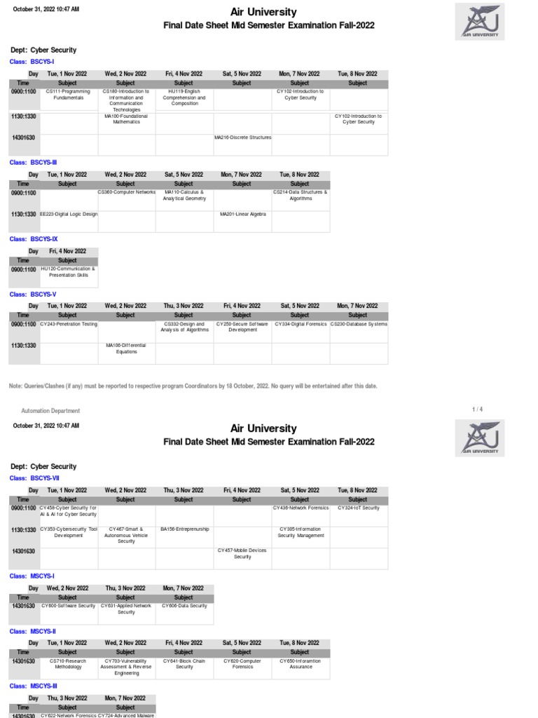 Cys Final Mid Datesheet | PDF | Computer Science | Computing