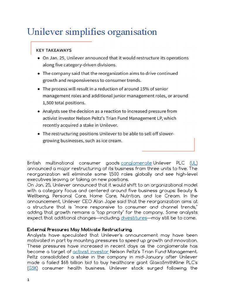Unilever Restructures into Five Units | PDF | Unilever | Glaxo Smith Kline