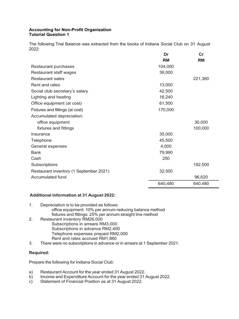 Tutorial Questions - Accounting Non-Profit Organization | PDF | Expense | Depreciation