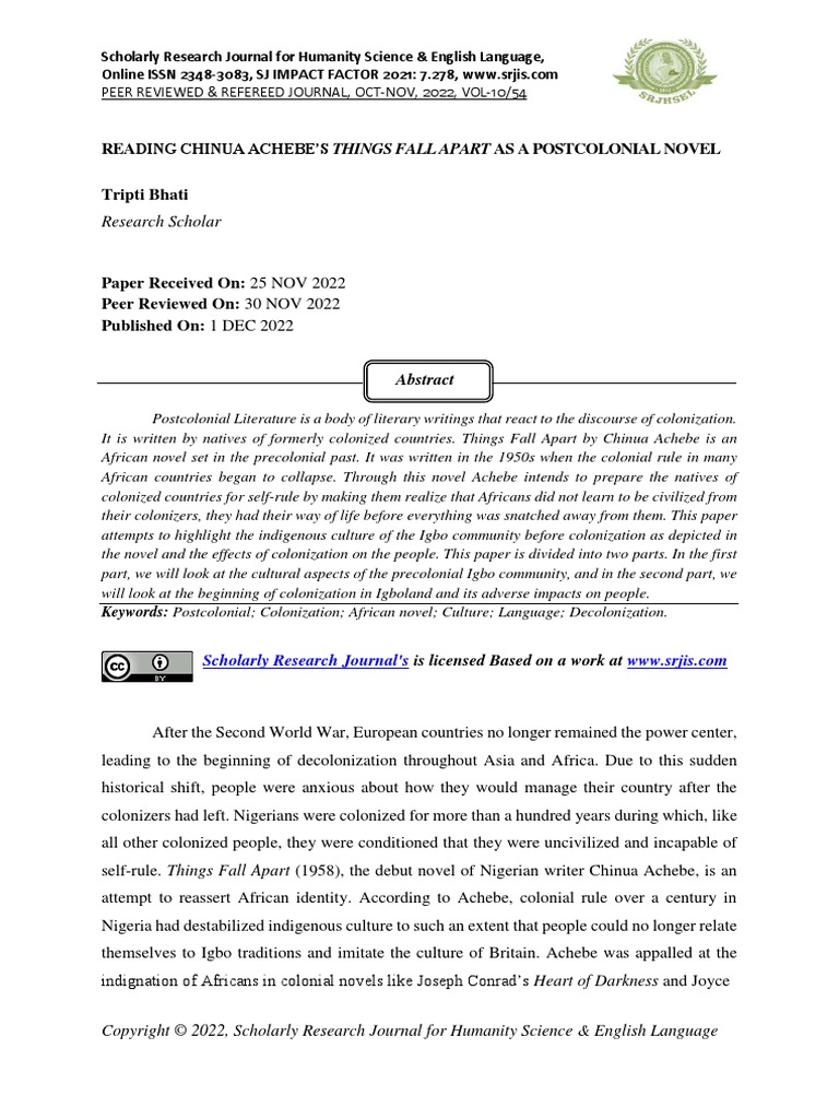 Reading Chinua Achebe's Things Fall Apart As A Postcolonial Novel | PDF