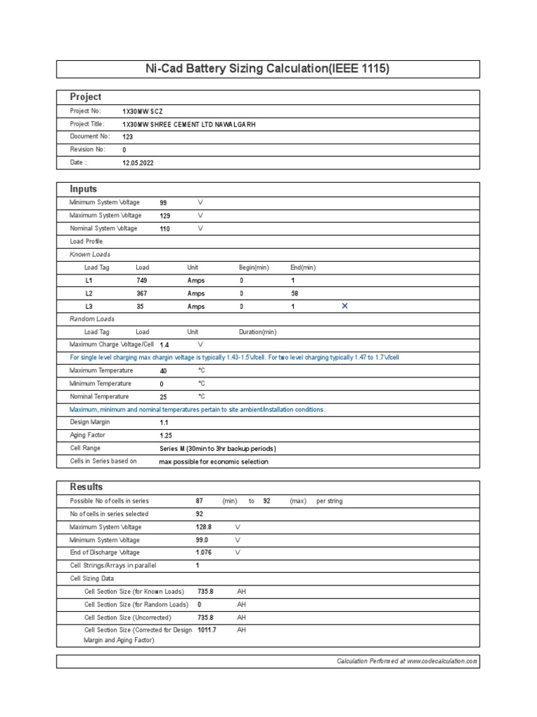 Ni-Cd Battery Sizing Calculation (IEEE 1115) | PDF | Battery Charger ...