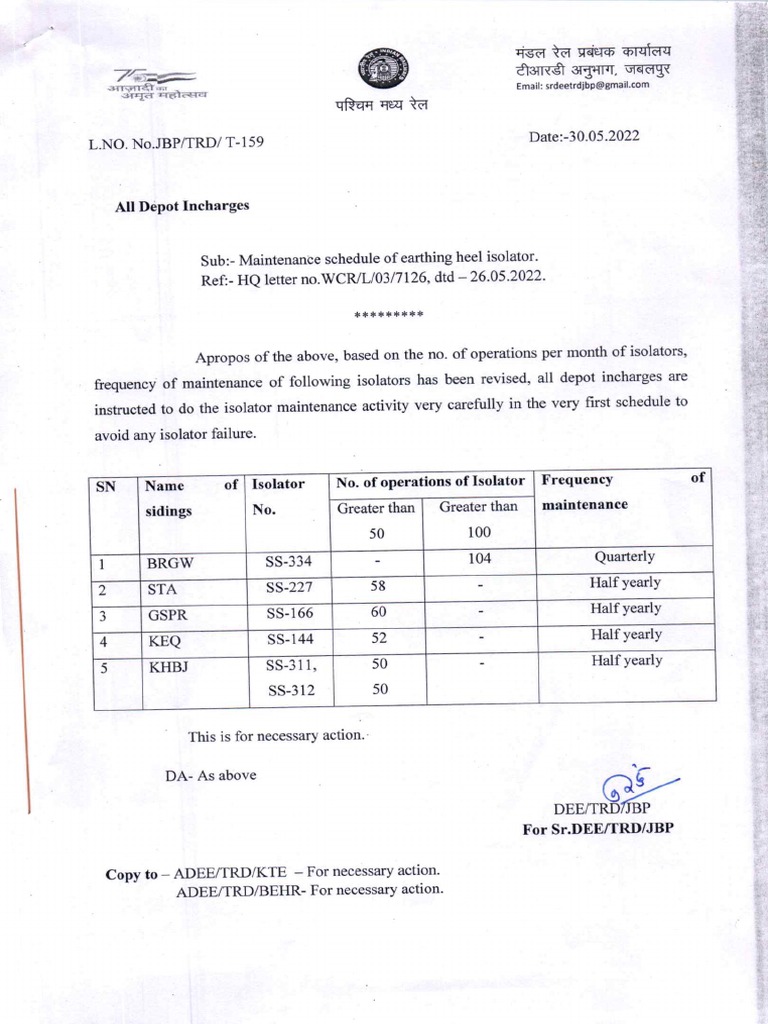 Maintenance Schedule of Earthing Heel Isolator | PDF