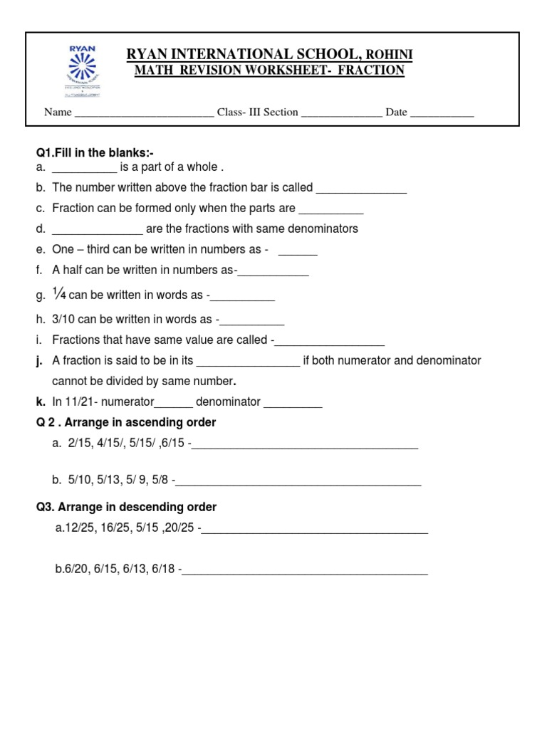 Revision Worksheet - Fraction | PDF