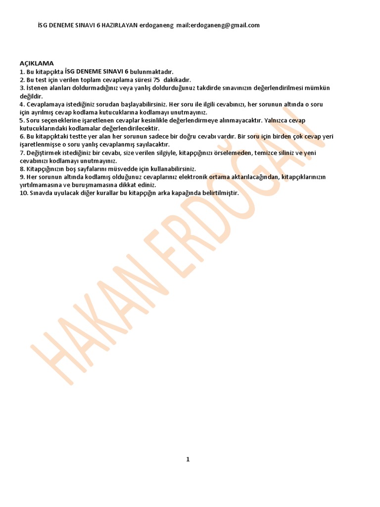 İsg Deneme Sinavi 6 Sorulari Ve Cevaplari | PDF