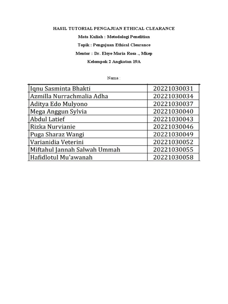 Hasil Tutorial Pengajuan Ethical Clearance | PDF