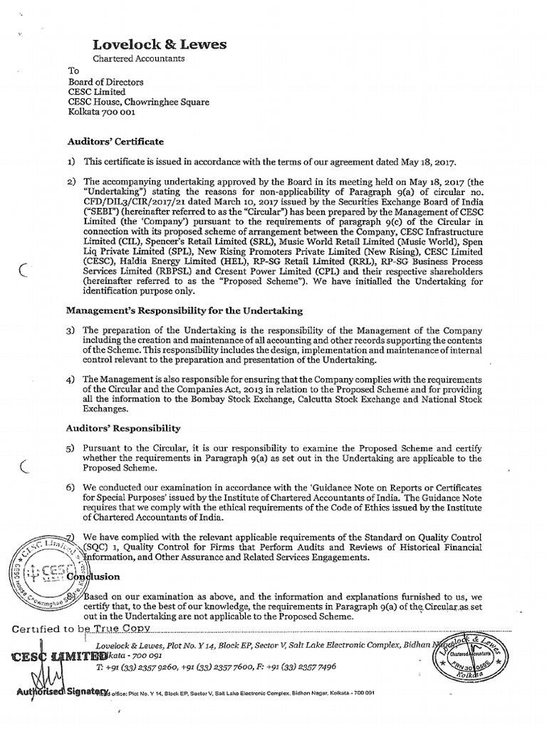 CESC Limited Auditor-Certificate-Non-applicability-of-Para-26a | PDF