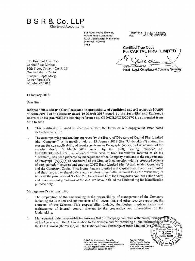 Capital First Auditors Certificate Non Applicability para 20 | PDF