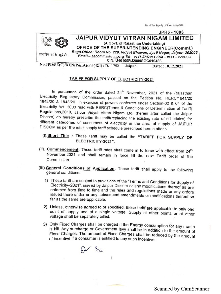 Tariff For Supply of Electricity-2021 JVVNL | PDF