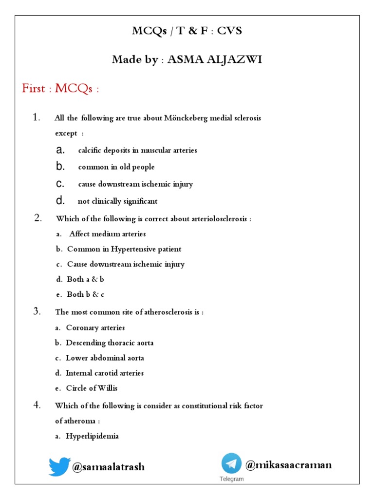 CVS MCQs & T/F | PDF | Heart | Congenital Heart Defect