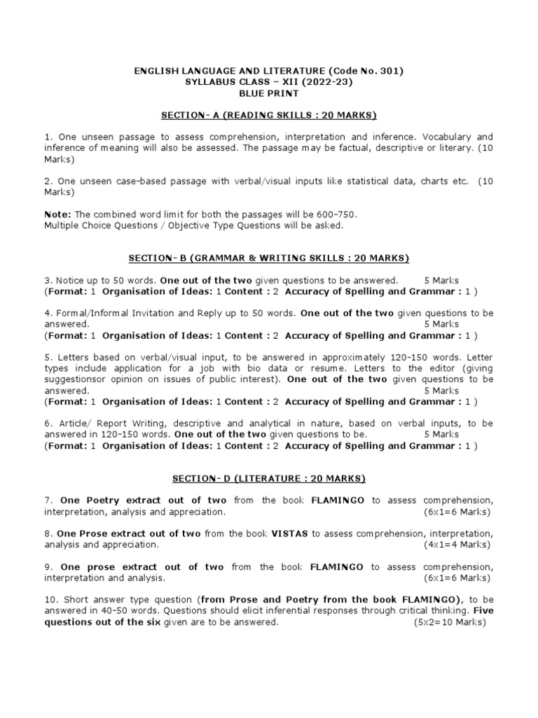 Blue Print of Englis Class - Xii 2022-23 | PDF | Word | Reading ...