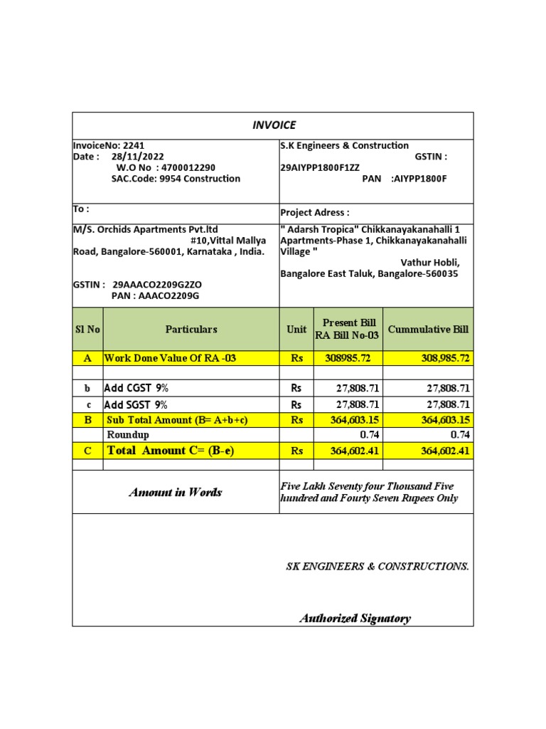 Invoice for Construction Project | PDF | Concrete | Foundation ...