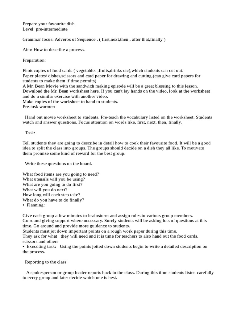 Cooking Process Lesson Plan for ESL | PDF