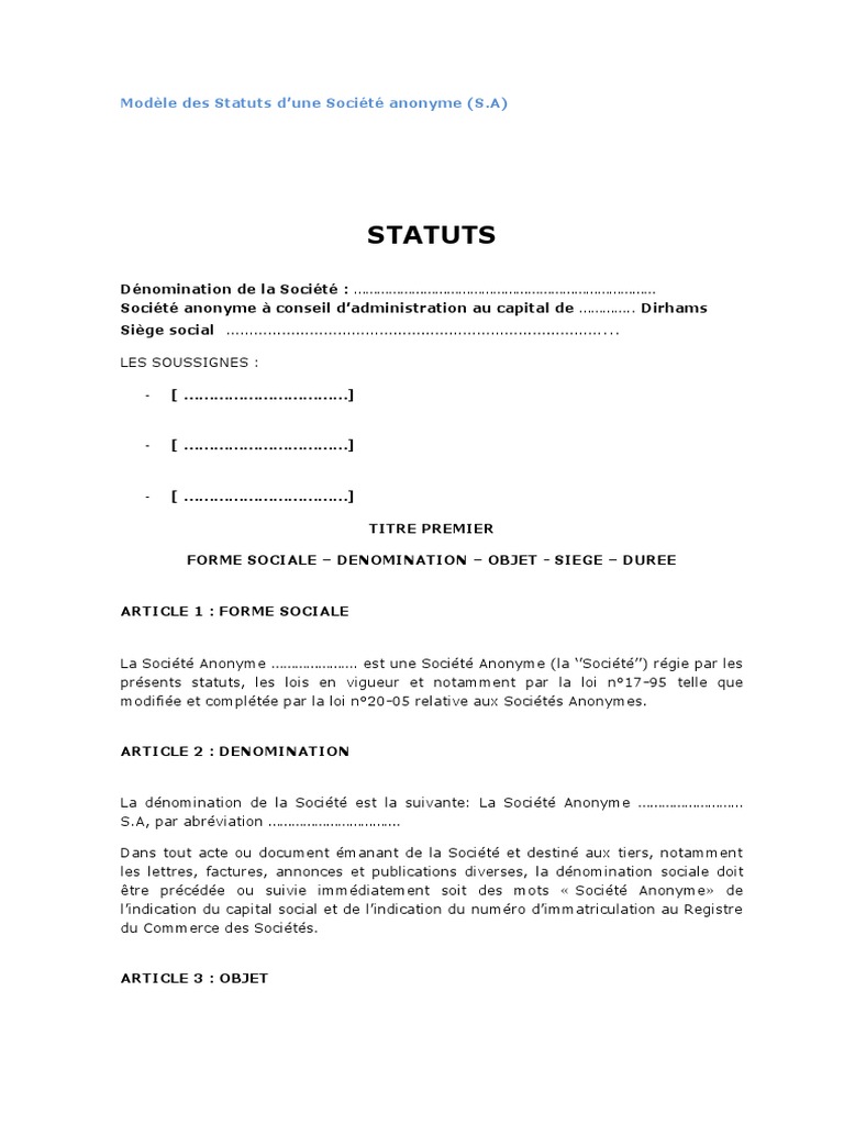 Modèle de Statuts pour Société Anonyme | PDF | Action (Finance ...