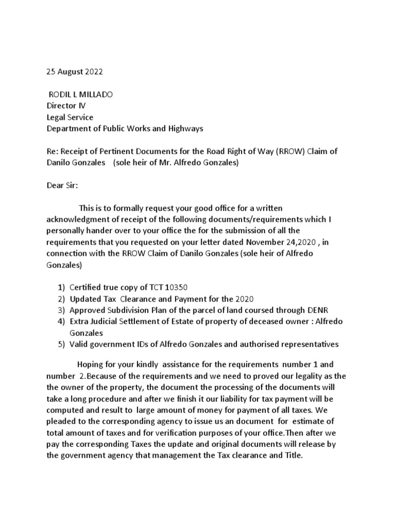 Request for Acknowledgment of Receipt of Documents Submitted for ...