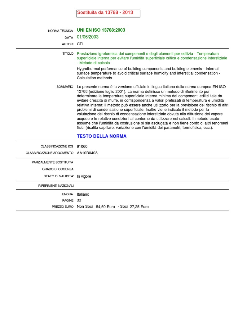 UNI - EN - ISO - 13788 - 2003 - Verifica Termoigrometrica | PDF