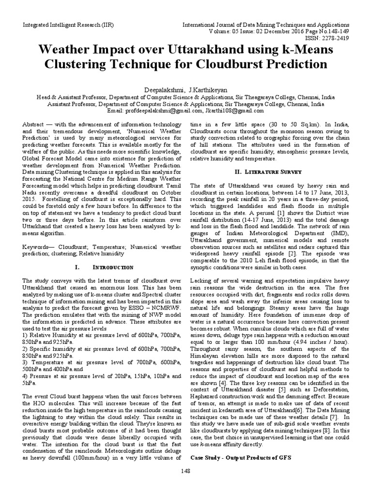Weather Impact Over Uttarakhand Using K-Means Clustering Technique For Cloudburst Prediction ...