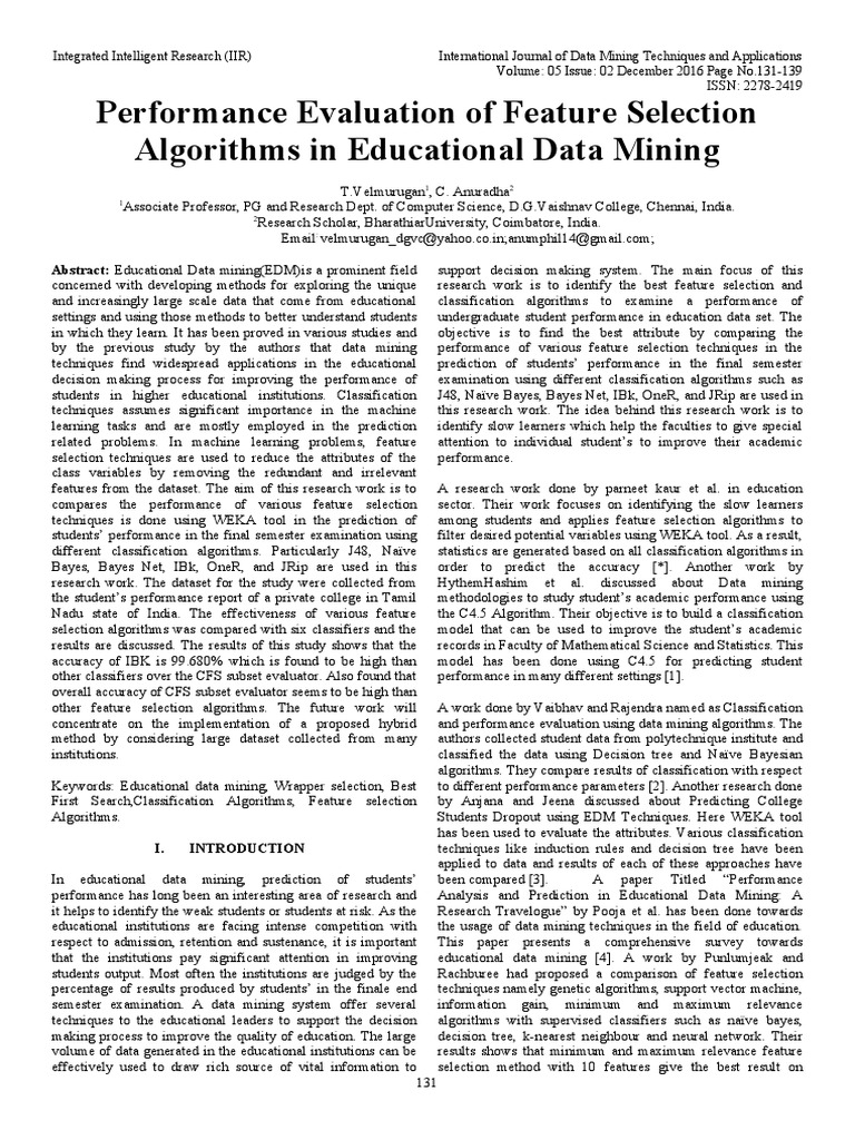Performance Evaluation of Feature Selection Algorithms in Educational ... Performance Evaluation of Feature Selection Algorithms in Educational ...