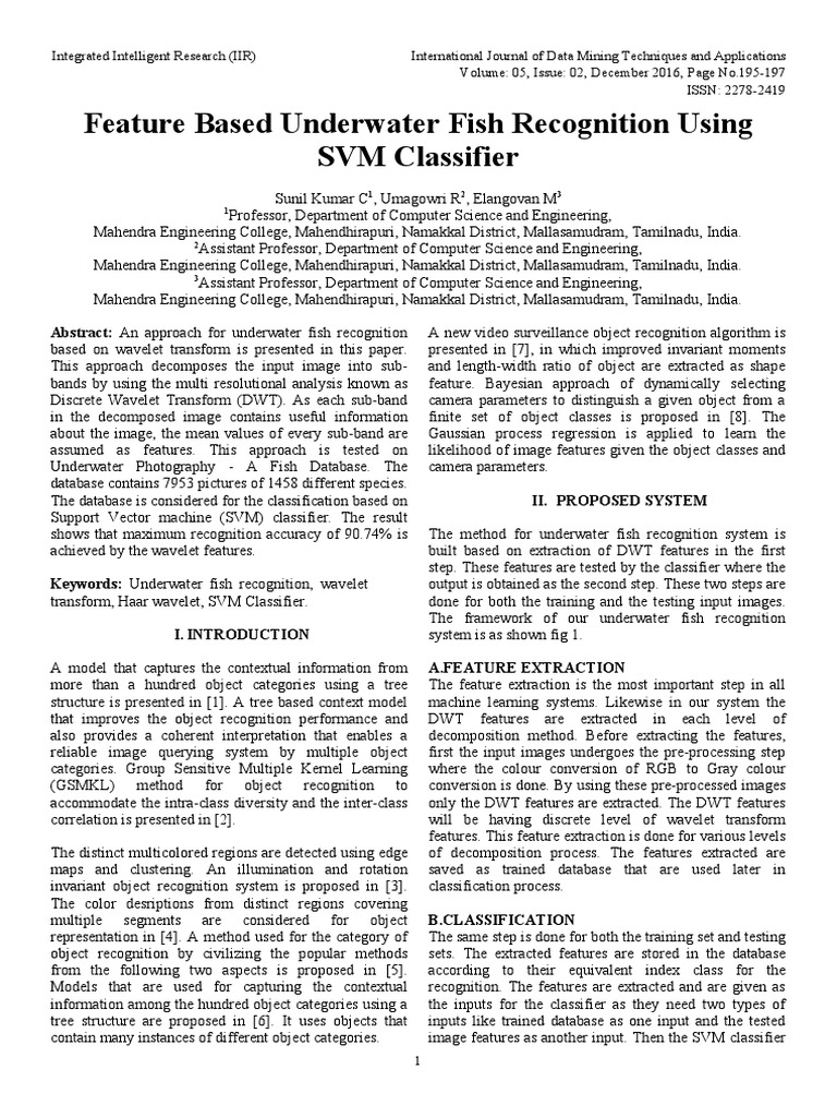 Feature Based Underwater Fish Recognition Using SVM Classifier | PDF | Statistical ...