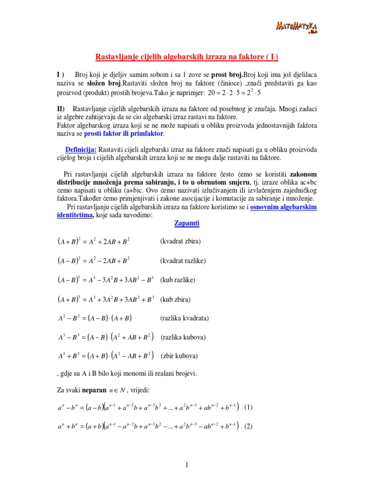 Rastavljanje Cijelih Algebarskih Izraza Na Faktore-Unlocked | PDF