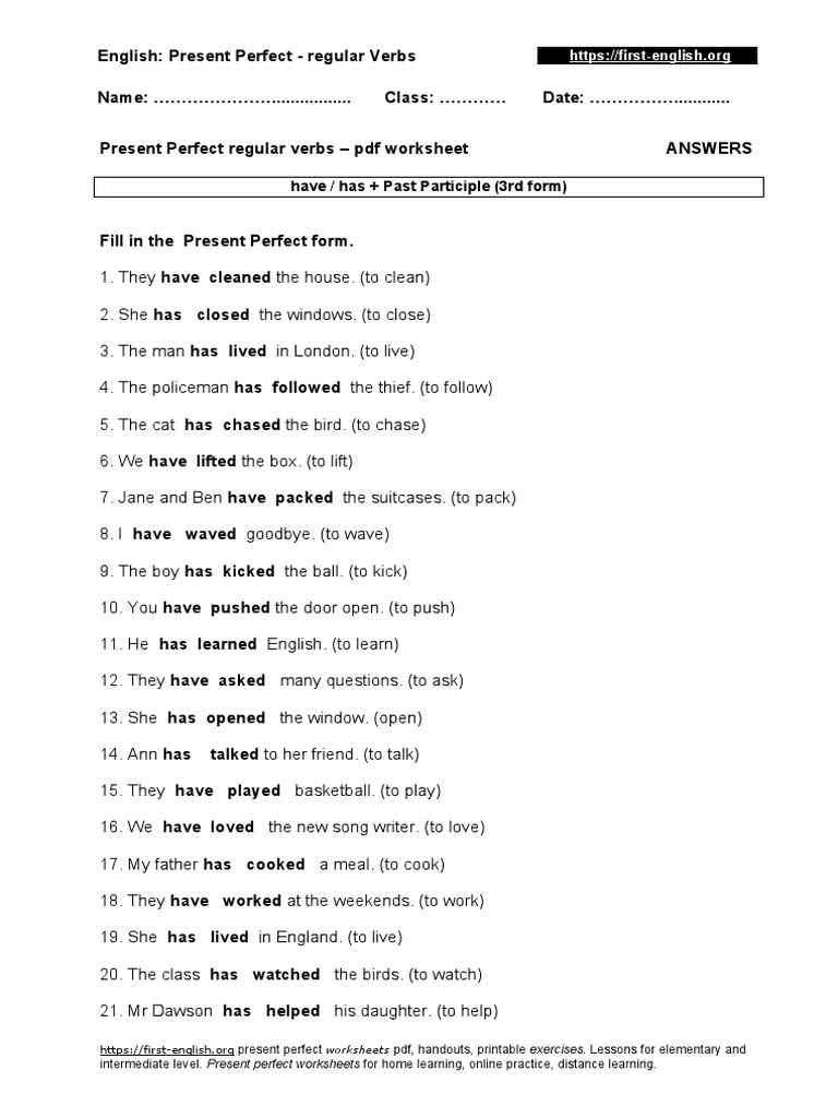 Present Perfect Regular Verbs Worksheet | PDF