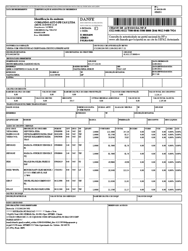 Nota Fiscal - Comando Auto Peças | PDF | Recibo | Documentos empresariais
