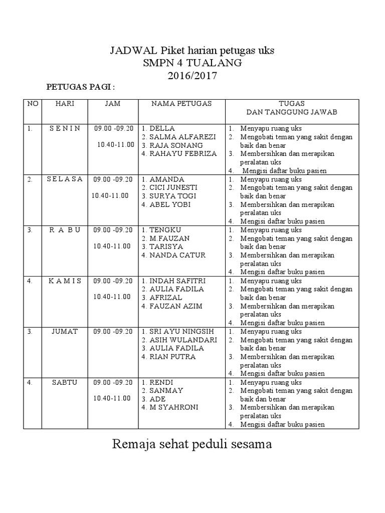 Jadwal Petugas Piket Uks | PDF