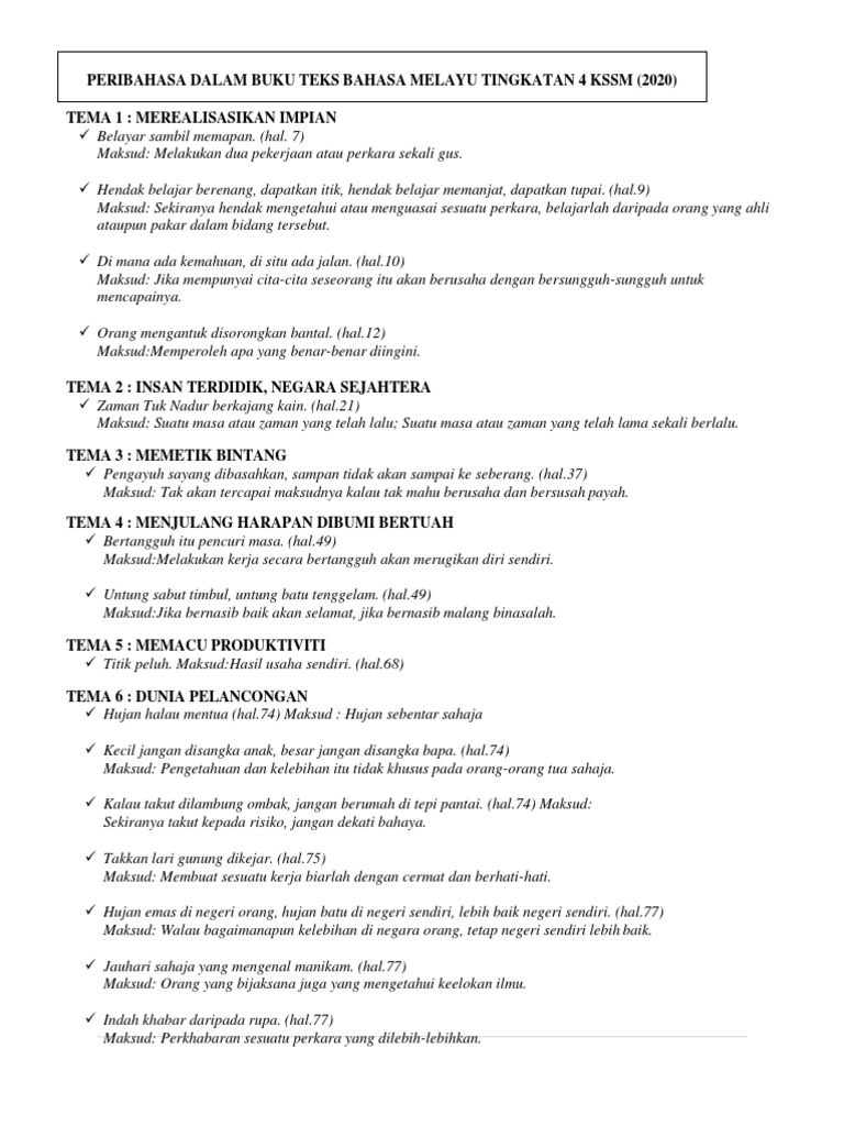 Peribahasa Mengikut Tema Buku Teks BM Tingkatan 4 | PDF
