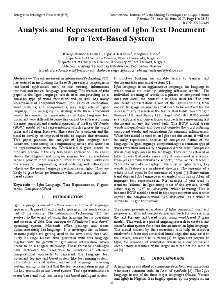 Analysis and Representation of Igbo Text Document For A Text-Based ...